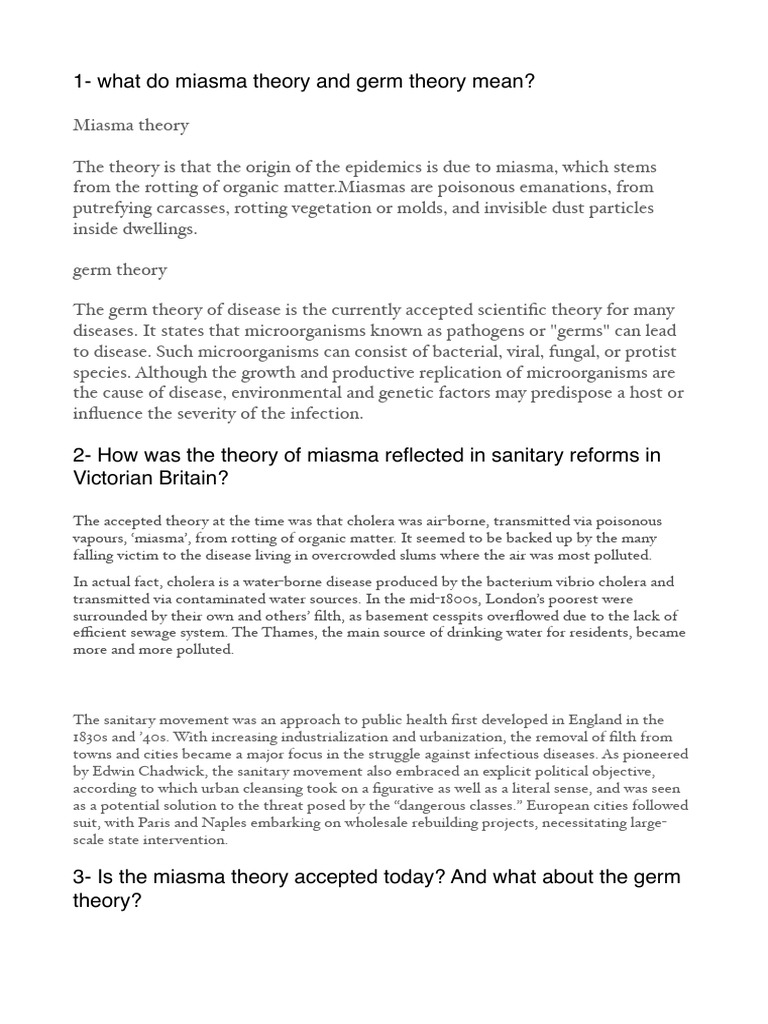 Miasma vs. Germ Theory Explained | PDF | Medical Specialties | Diseases ...
