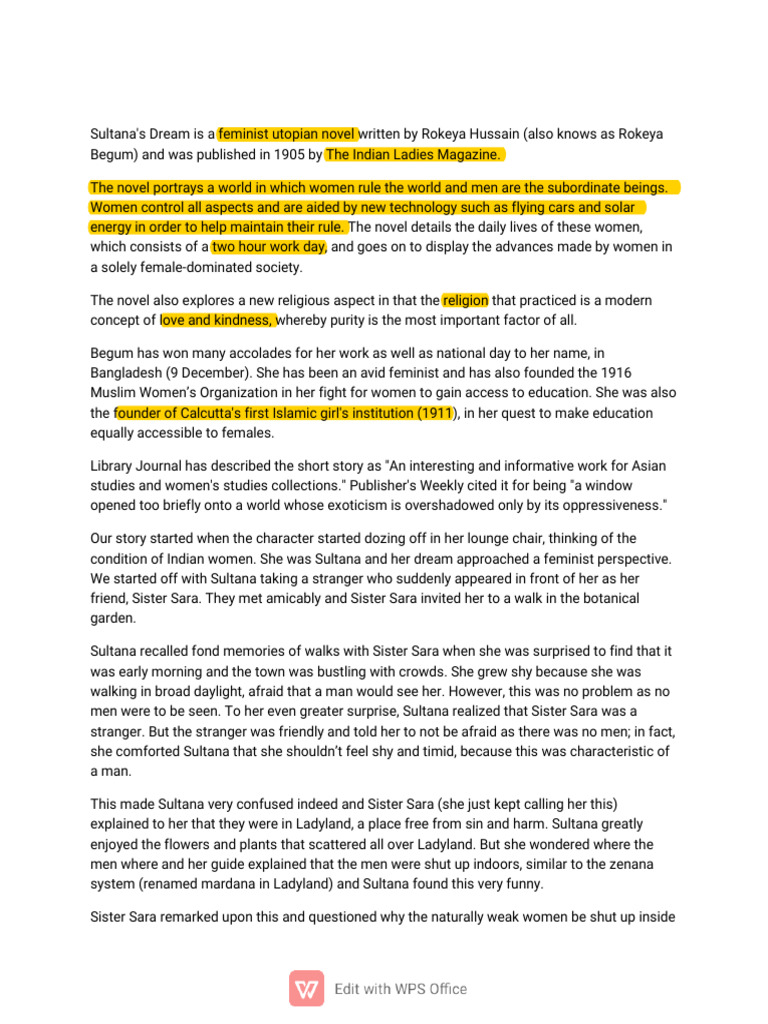 Sultana's Dream - Notes | PDF