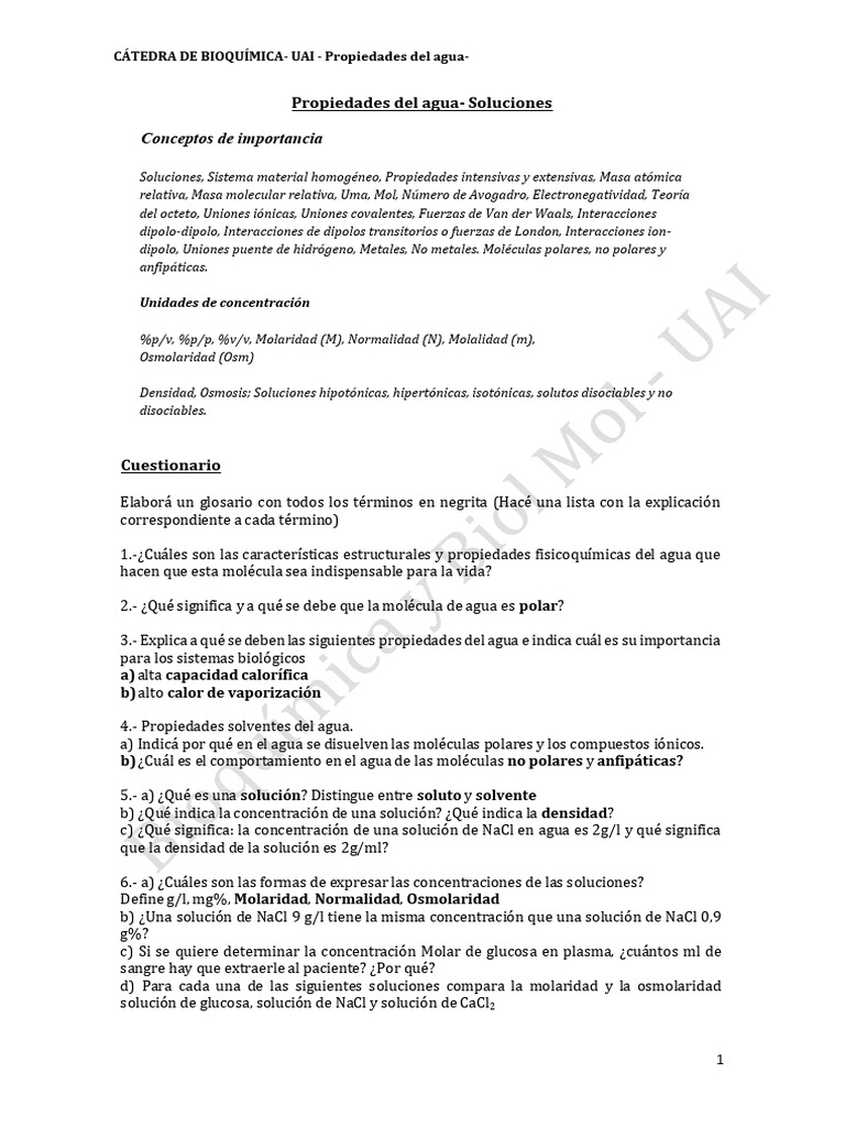 Propiedades de agua y soluciones | Descargar gratis PDF | Polaridad química | Concentración