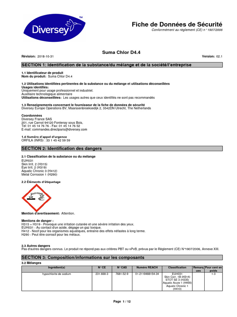 Fiche de Données de Sécurité Suma Chlor D4.4 | PDF | Hygiène | Corrosion