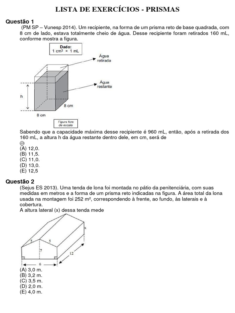 Lista de Exercícios - Prismas | PDF | Metro
