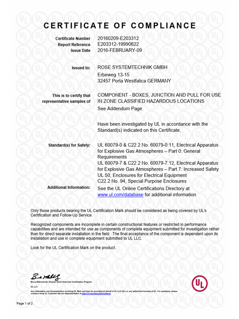 UL Compliance Certificate for Hazardous Enclosures | PDF | Safety ...