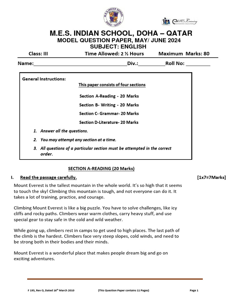 Class-3-English Model Question Paper - First Term-23 | PDF | Mount ...