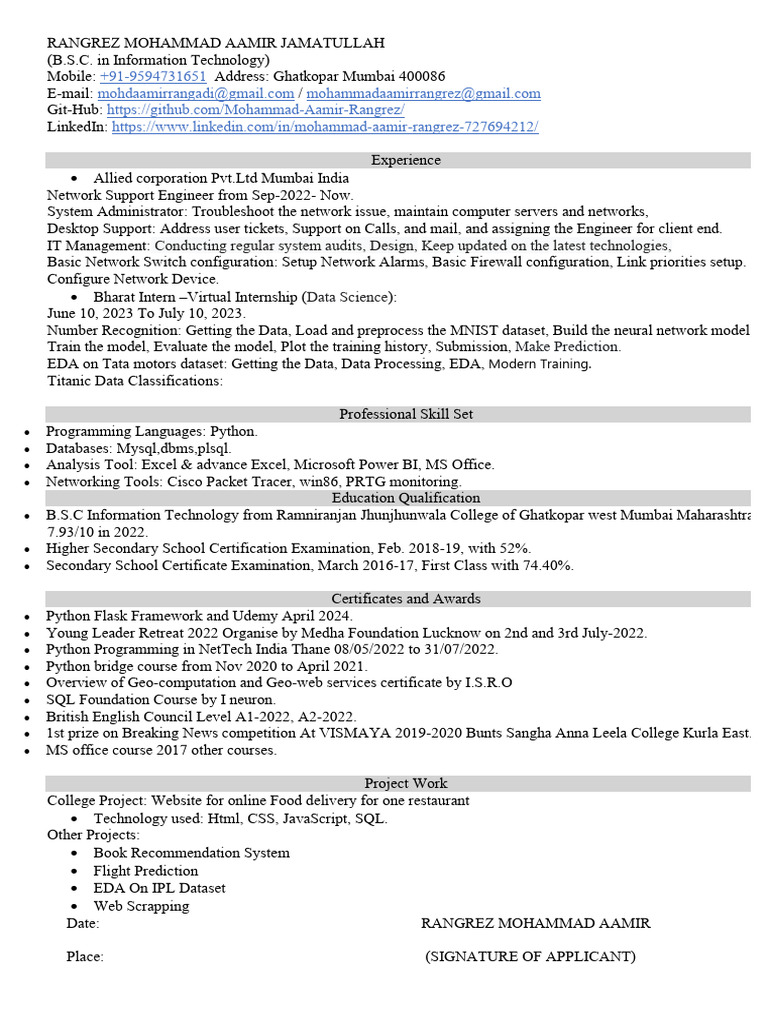 Naukri MohammadAamirJamatullahRangrez0y 8m | PDF | Computer Network | Databases