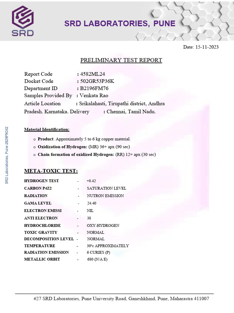 Meta-Toxic Test Report Venkata Rao SKH15112023BNG | PDF | Radioactive ...