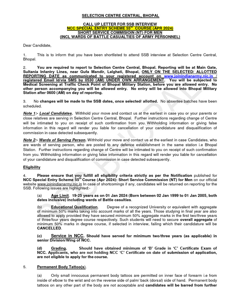 Call Up Letter SCC Bhopal For SSC NCC Men 55 Course | PDF | Identity ...
