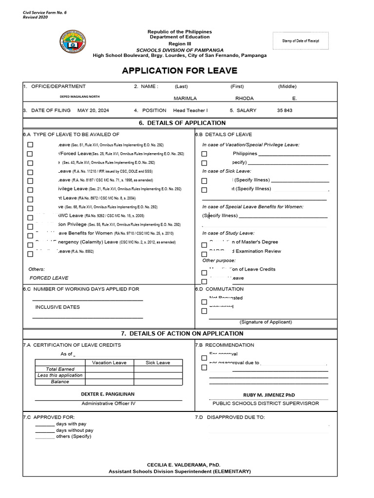 CS Form No. 6 Revised 2020 Application for Leave Fillable | PDF | Parental Leave | Employment