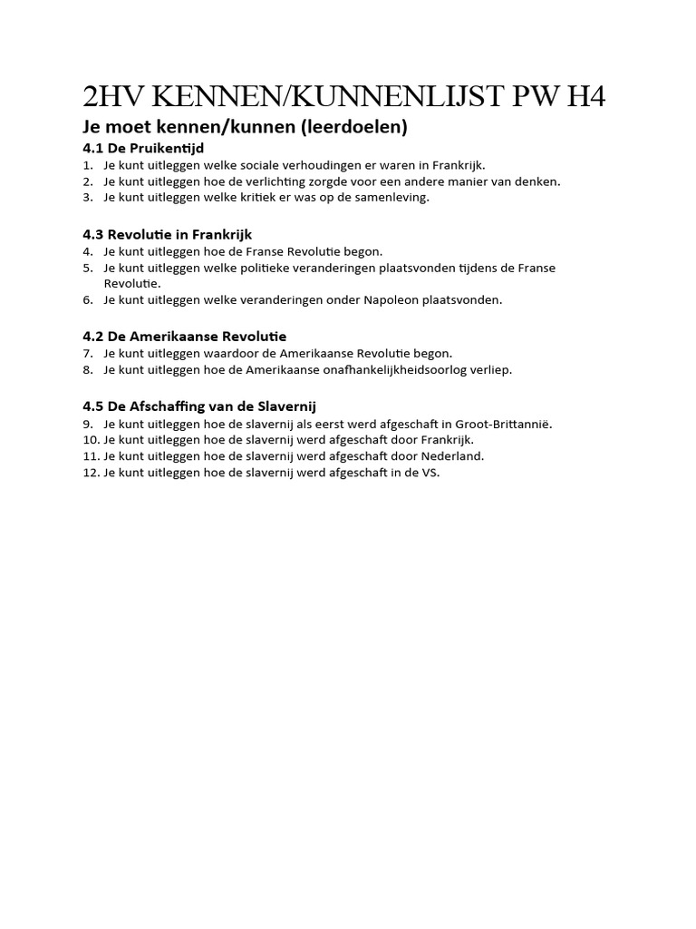 2HV Kennen-Kunnenlijst PW H4 | PDF