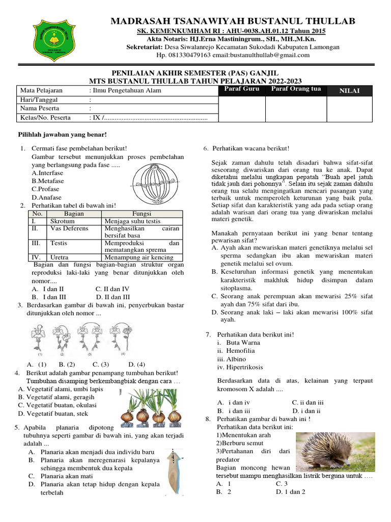 Soal PAS Ganjil IPA MTS 2022-2023 | PDF