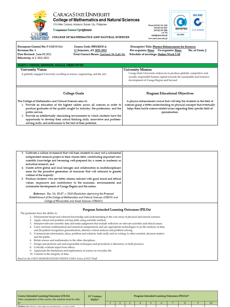 PHYS A A.Y. 2021-2022 Syllabus | PDF | Heat | Acceleration