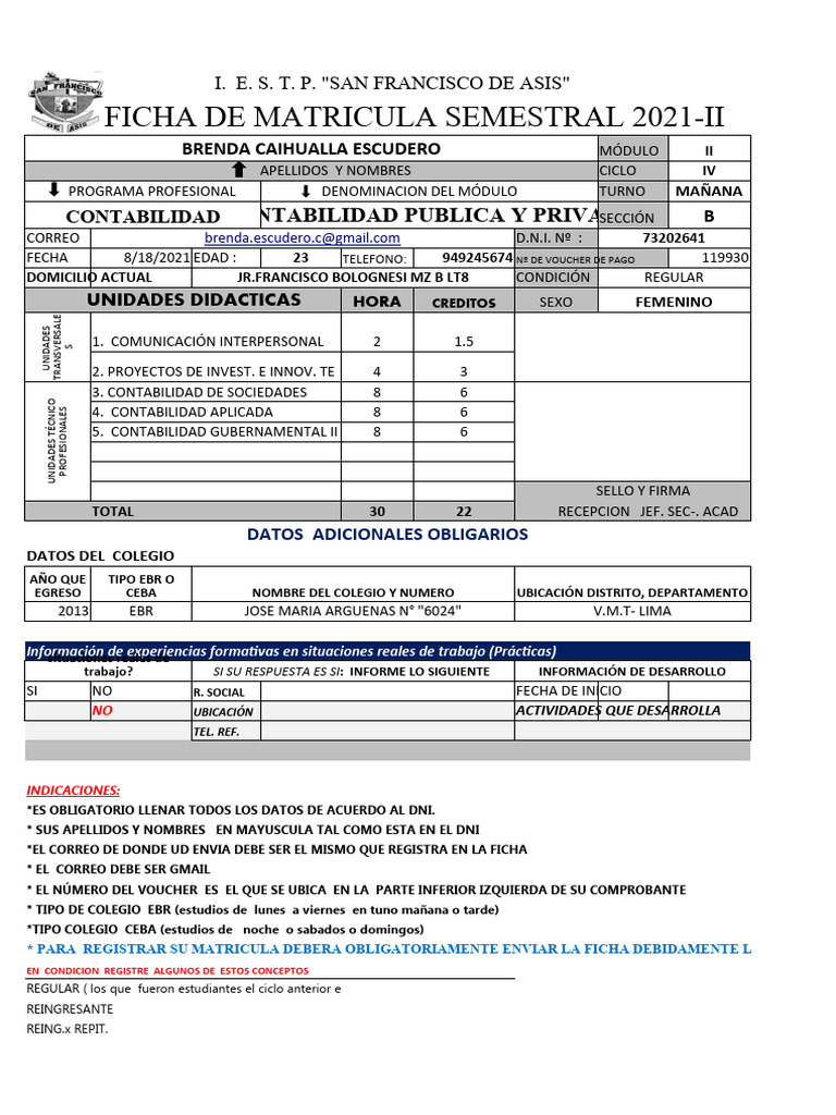 Ficha de Matricula 2020-II Ciclo IV | PDF