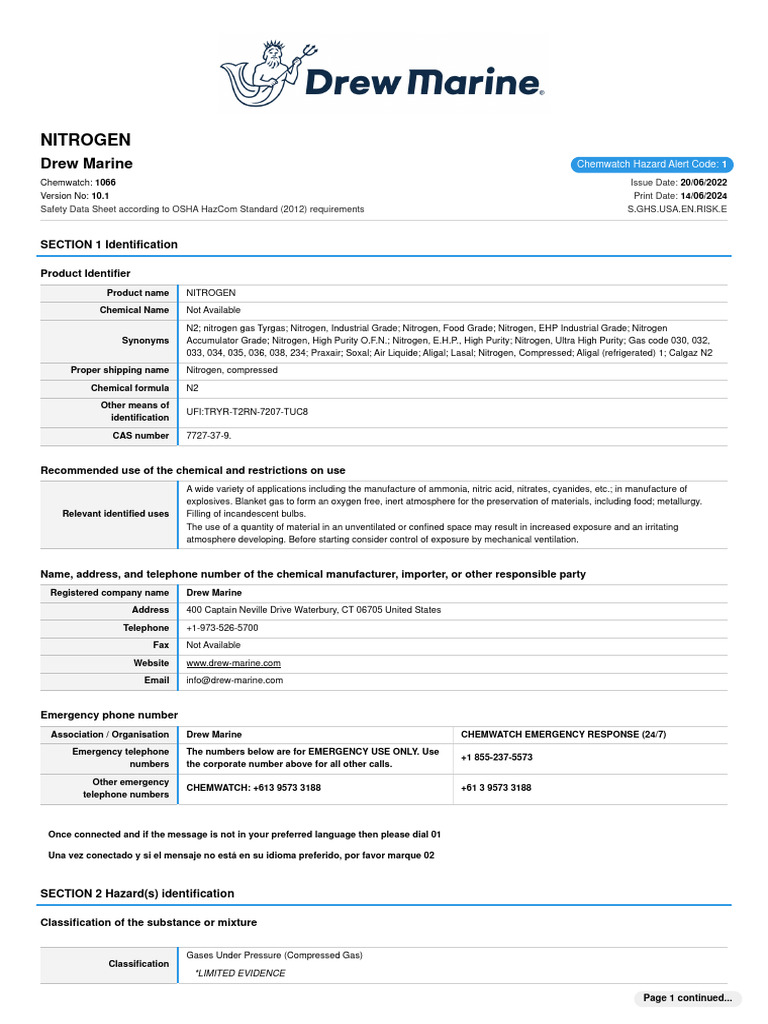 Nitrogen Safety Data Sheet Overview | PDF | Nitrogen | Gases