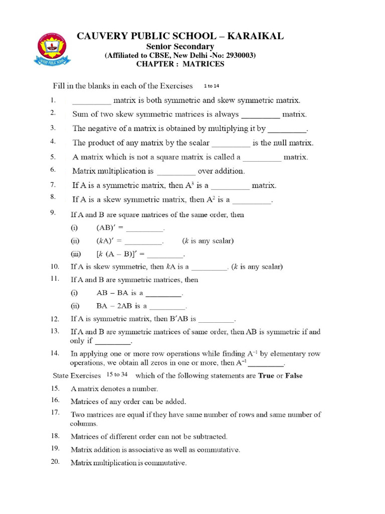 Matrices Question Paper | PDF | Science & Mathematics