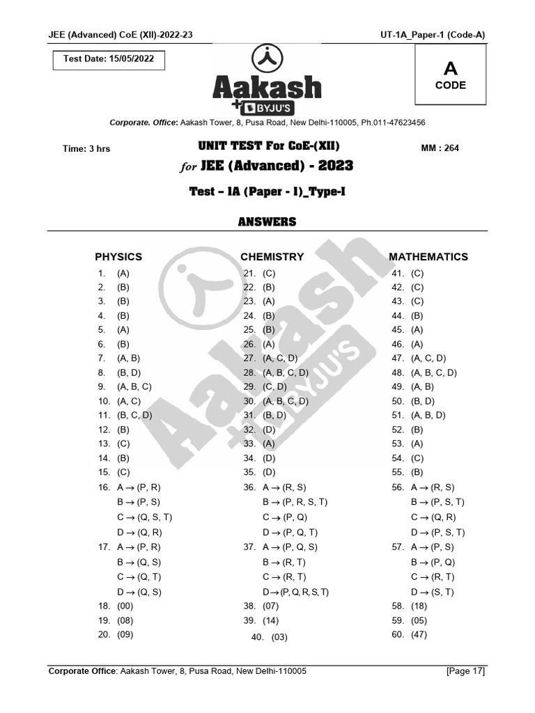 JEE Advanced CoE Test Paper 1A | PDF | Teaching Methods & Materials