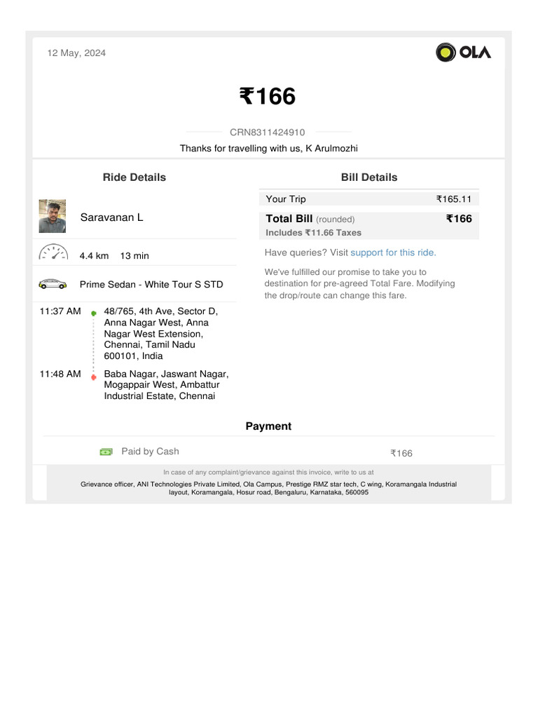 1. OLA- Receipt - ₹ 166 | Download Free PDF | Invoice | Payments