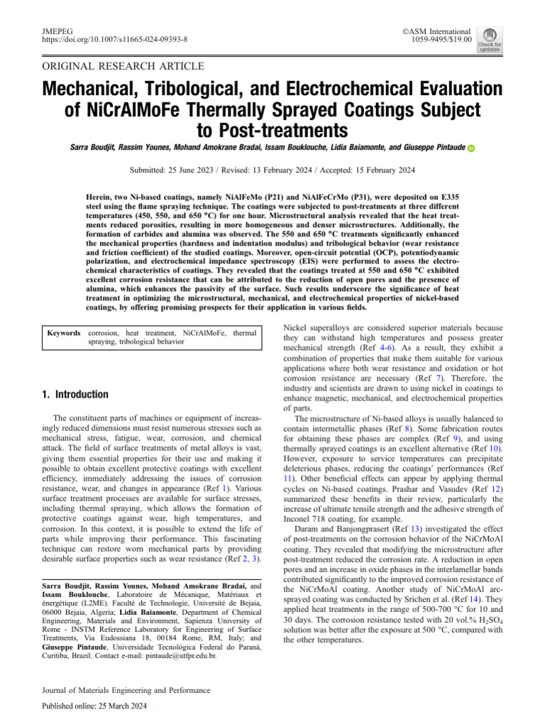 Mechanical, Tribological, and Electrochemical Evaluation of NiCrAlMoFe Thermally Sprayed ...