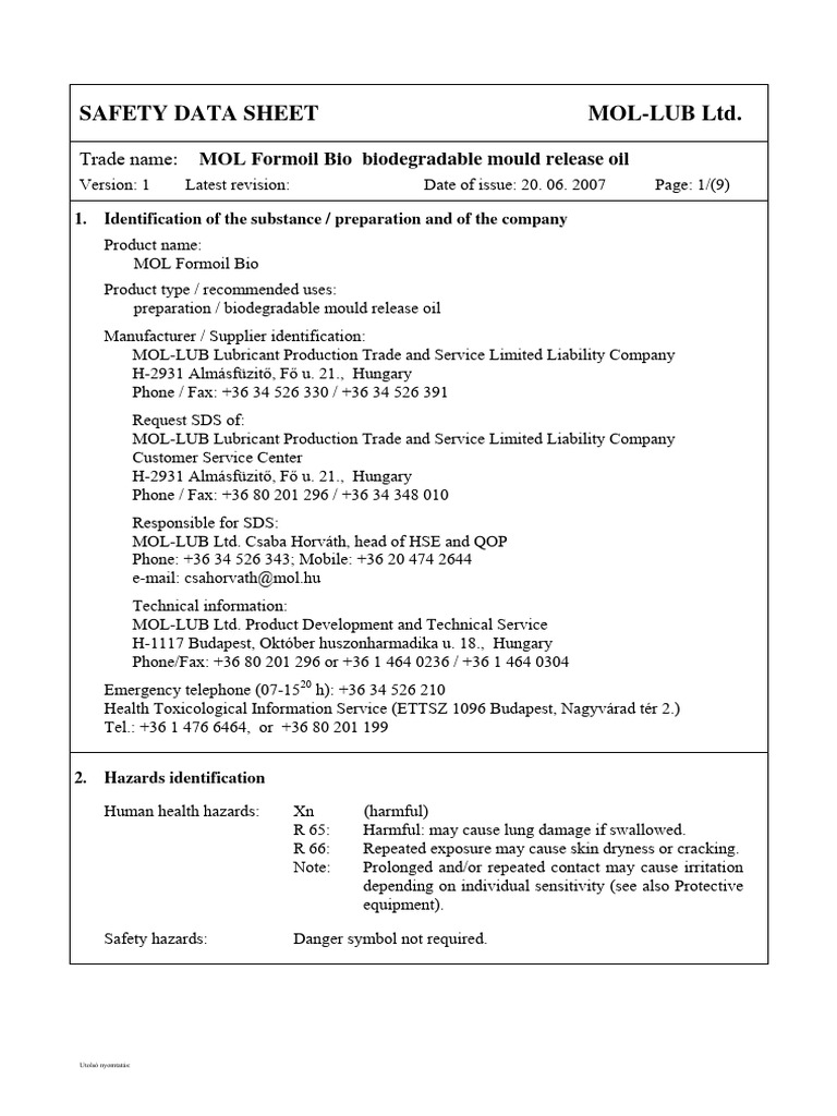 A1 - MSDS - MOL Formoil Bio - GB | PDF | Water | Combustion