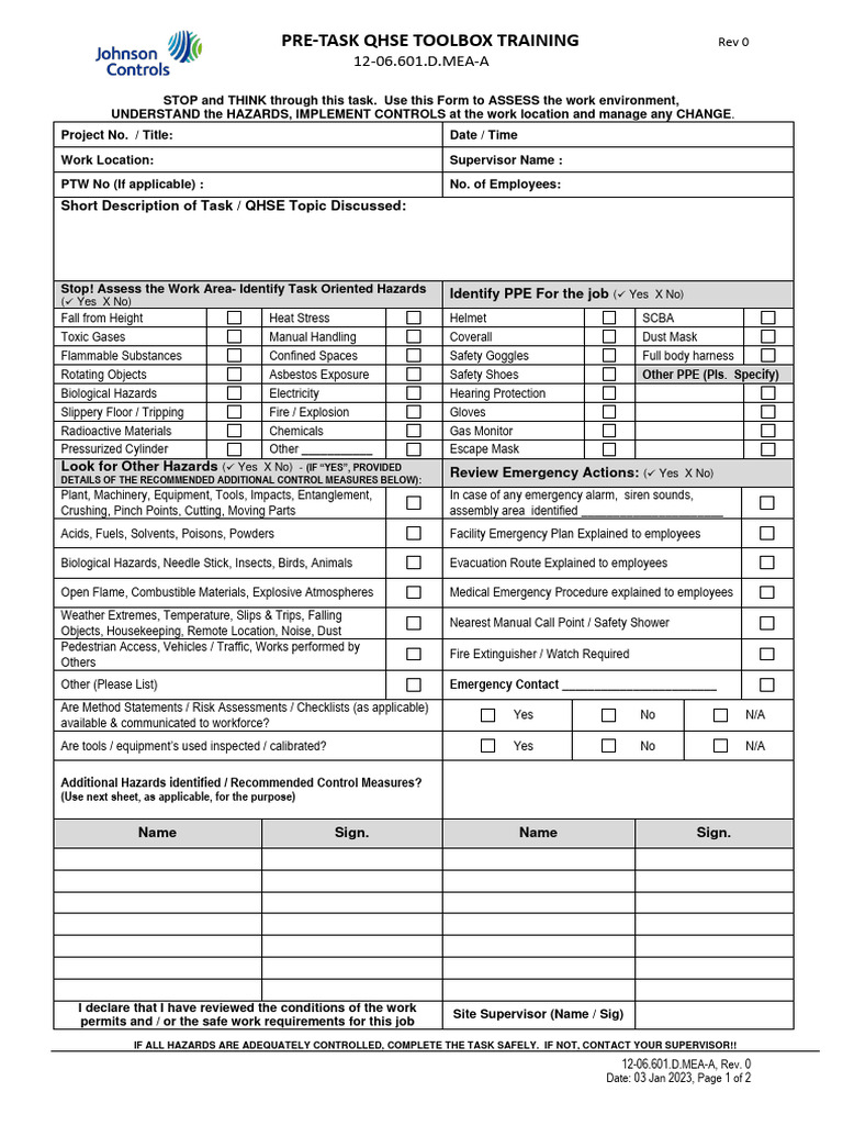 QHSE Pre-Task Training Checklist | PDF | Personal Protective Equipment ...
