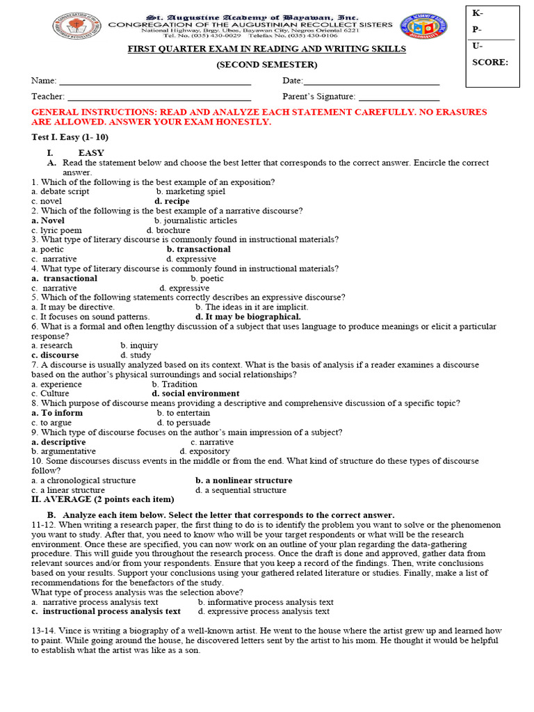 3RD Quarter Examination in Reading and Writing Sy 2022 2023 | PDF ...