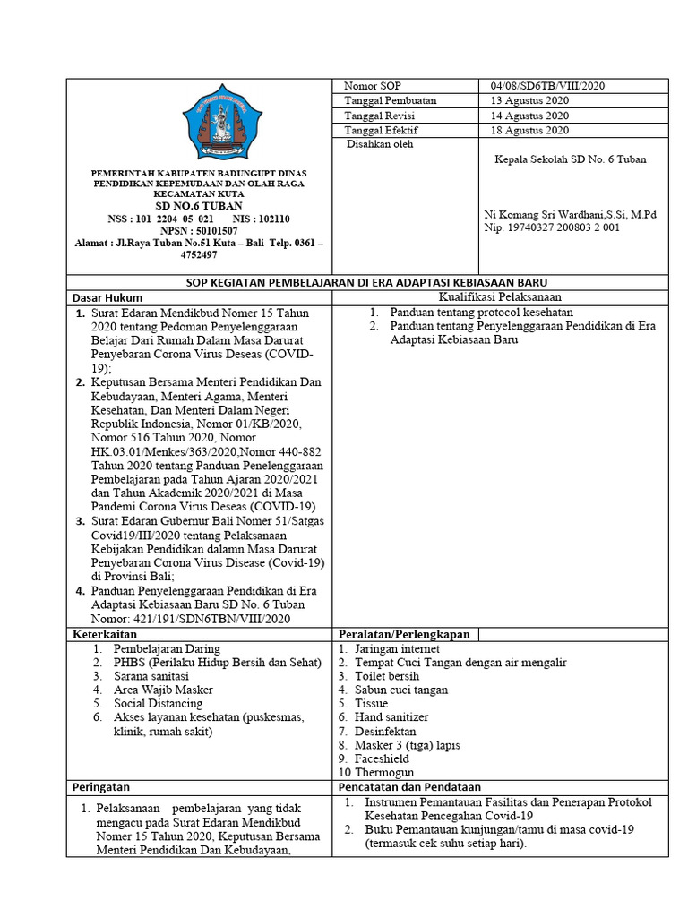 Sop Pembelajaran Di Era New Normal | PDF