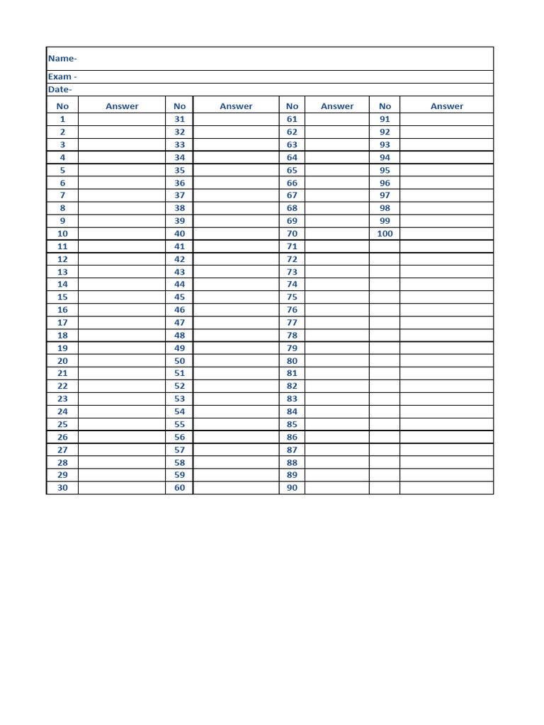 Answer Sheet 1 To 100 | PDF
