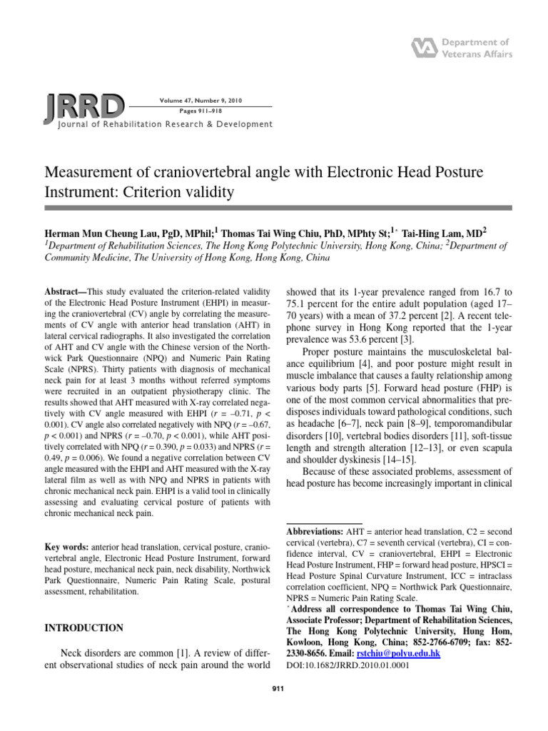 Measurement of Craniovertebral Angle With Electronic Head Posture ...