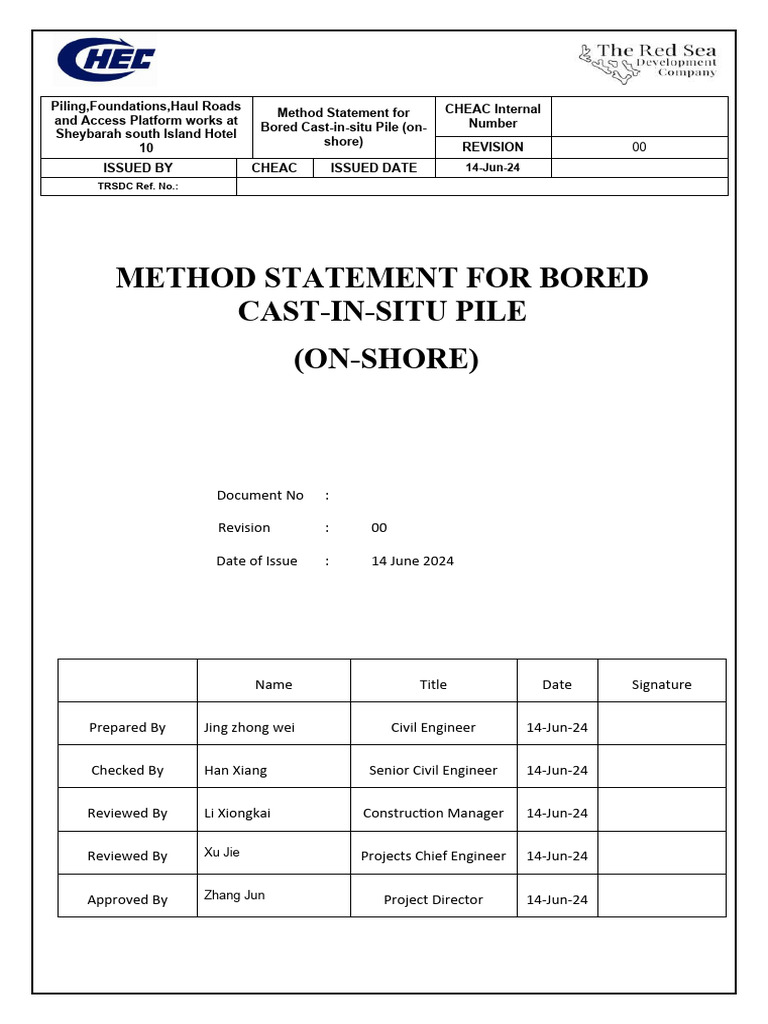 METHOD STATEMENT FOR BORED CAST-IN-SITU PILE (ON-SHORE) | Download Free PDF | Deep Foundation ...