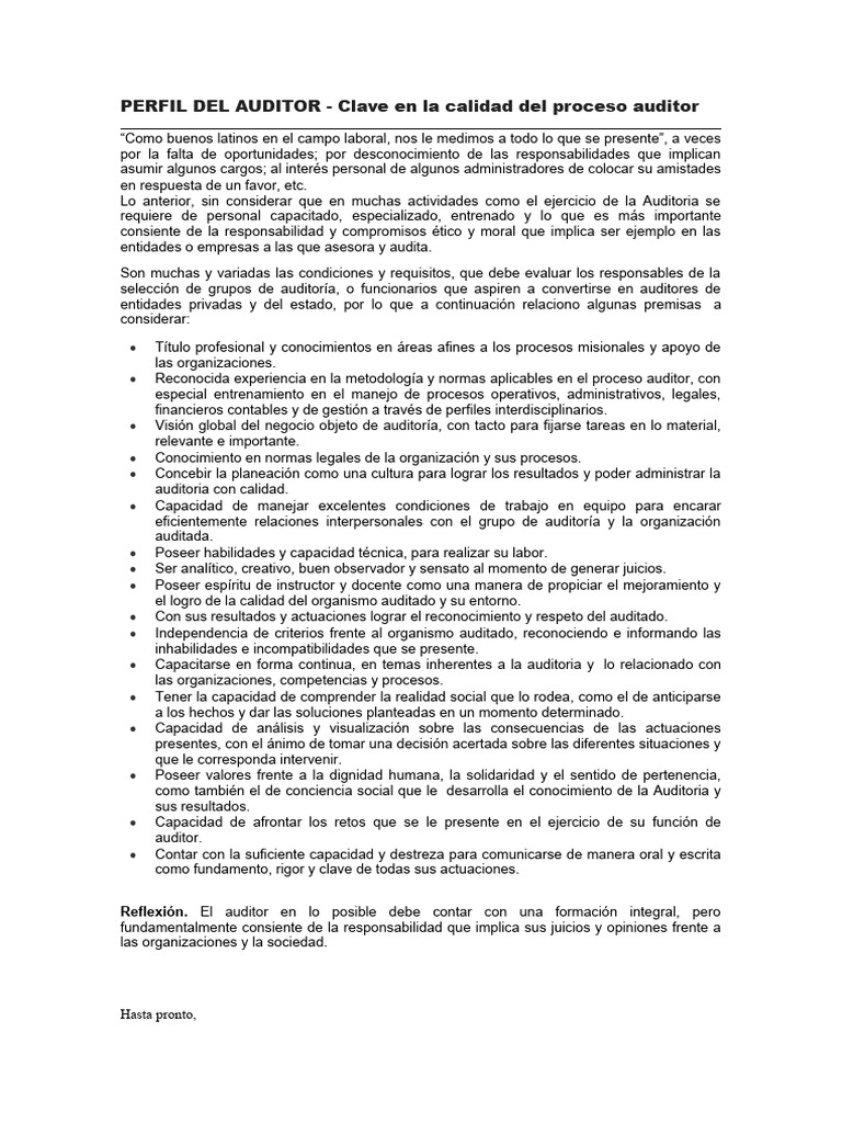 Perfil Del Auditor | PDF | Auditoría | Contralor