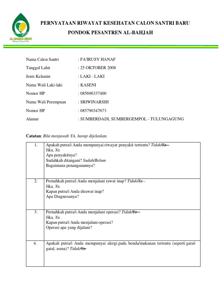 Formulir Skrining Kesehatan Calon Santri Baru - 104128 | PDF ...