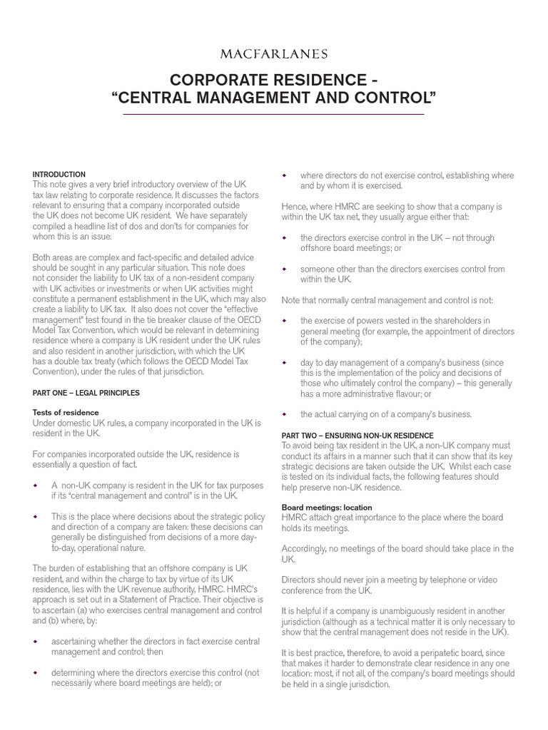 Corporate Residence Central Management and Control | Download Free PDF ...