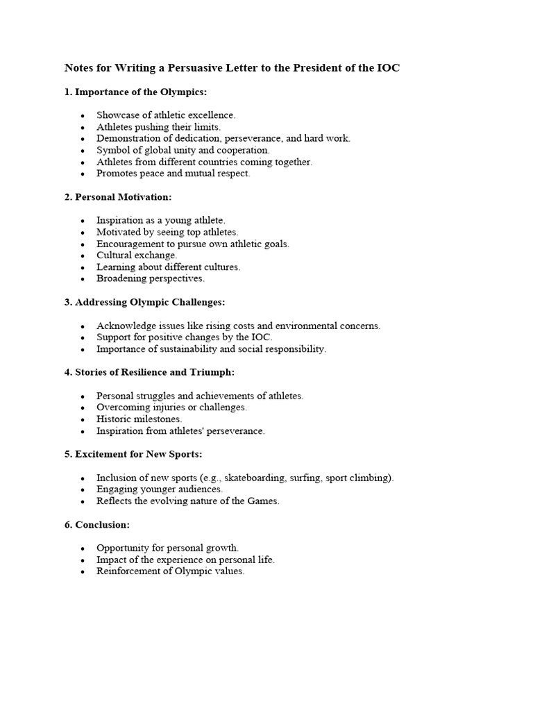 Notes For Writing A Persuasive Letter To The President of The IOC | PDF ...