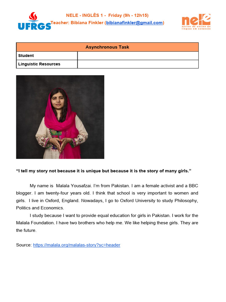 Asynchronous Task - Malala | PDF | Language Arts & Discipline | Wellness
