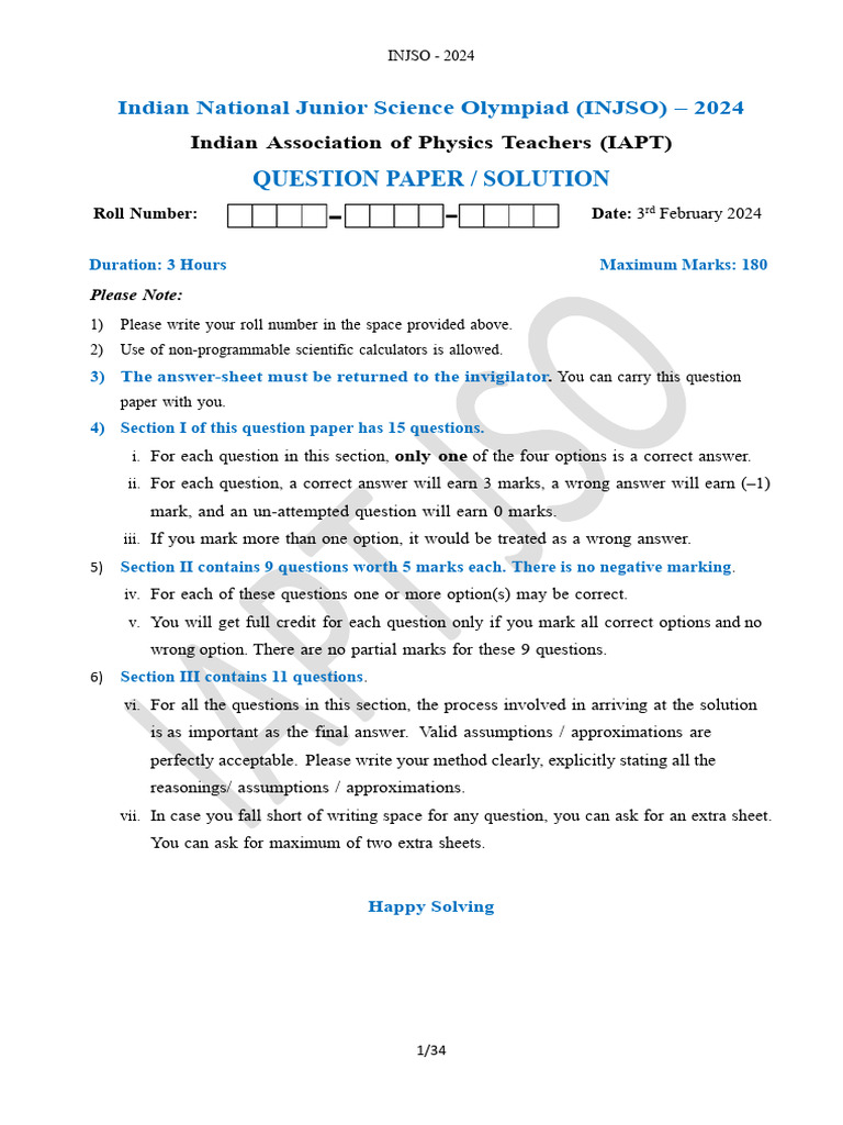 Question Paper / Solution: Indian National Junior Science Olympiad (INJSO) - 2024 | PDF | Enzyme ...