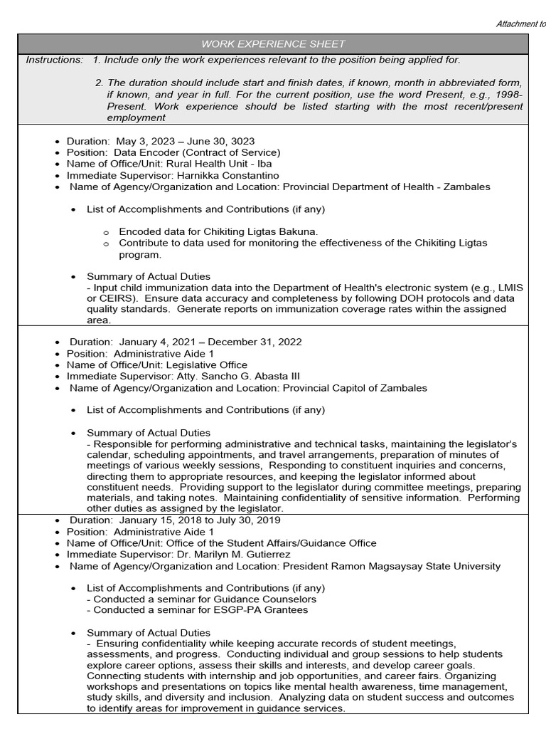 Cs Form No 212 Work Experience Sheet Pdf