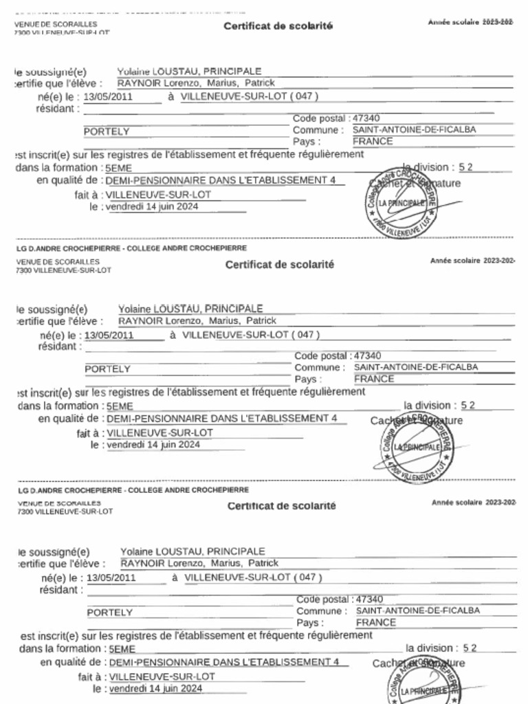 Certificat Scolarité + Bulletins | PDF