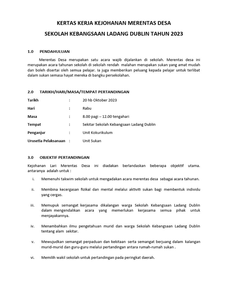 Kertas Kerja Kejohanan Merentas Desa 2023 SKLD | PDF