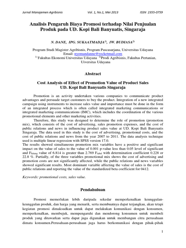 ID Analisis Pengaruh Biaya Promosi Terhadap Nilai Penjualan Produk Pada Ud Kopi Bal | PDF ...