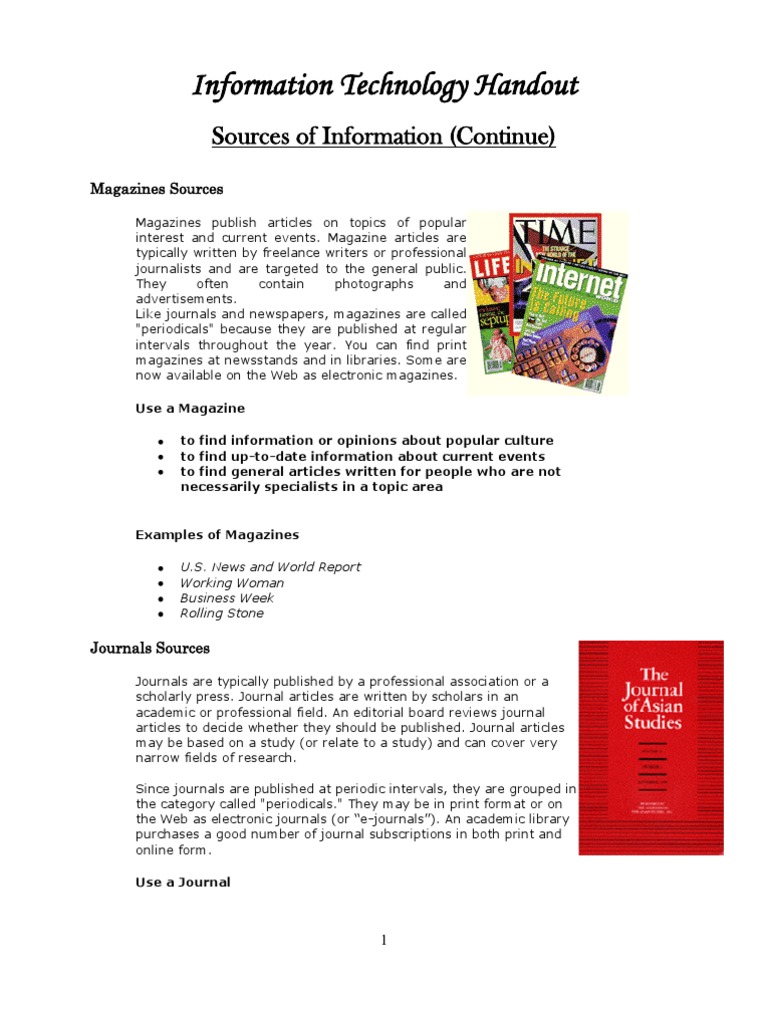 CAPE Unit 1 Module 1 Information Sources Handout | PDF | Libraries | Newspapers