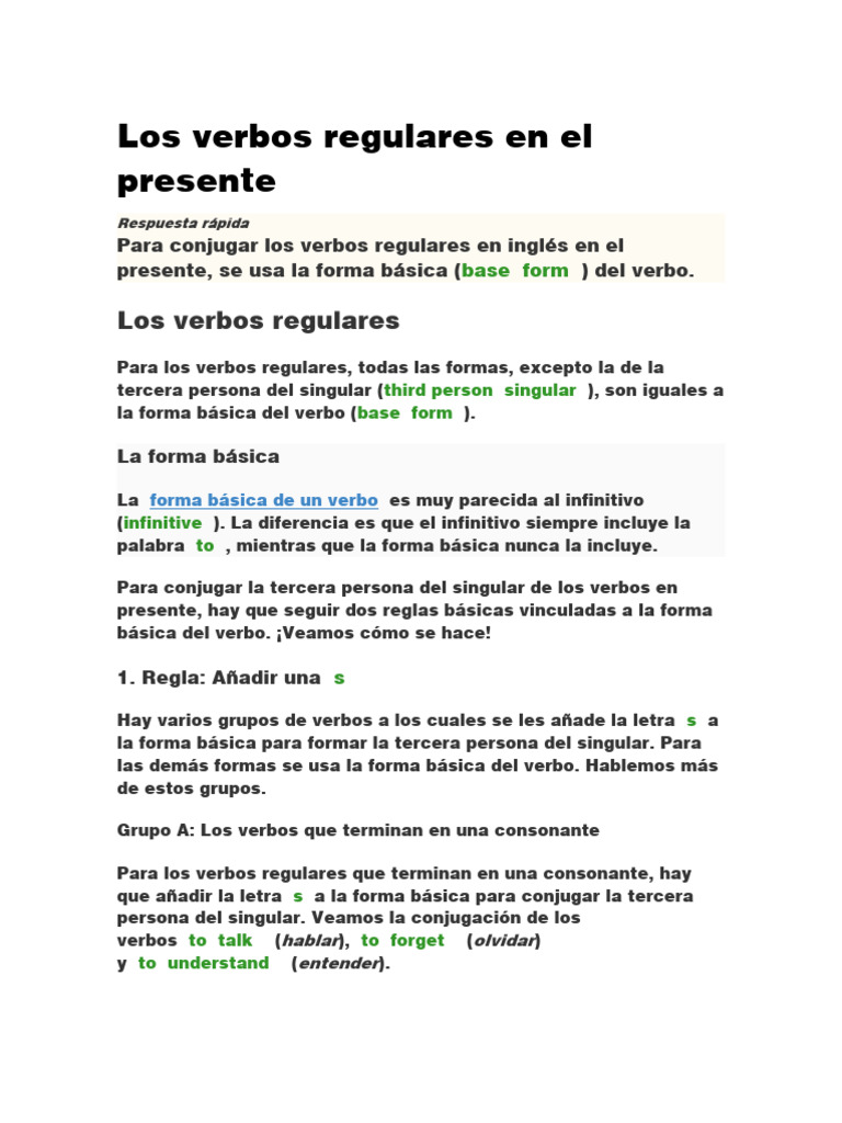 Los Verbos Regulares en El Presente | PDF | Verbo | Conjugación gramatical
