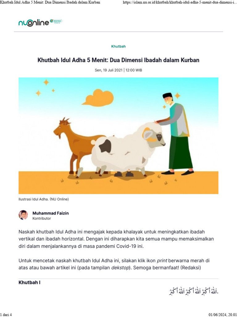 Khutbah Idul Adha 5 Menit Dua Dimensi Ibadah Dalam Kurban | PDF