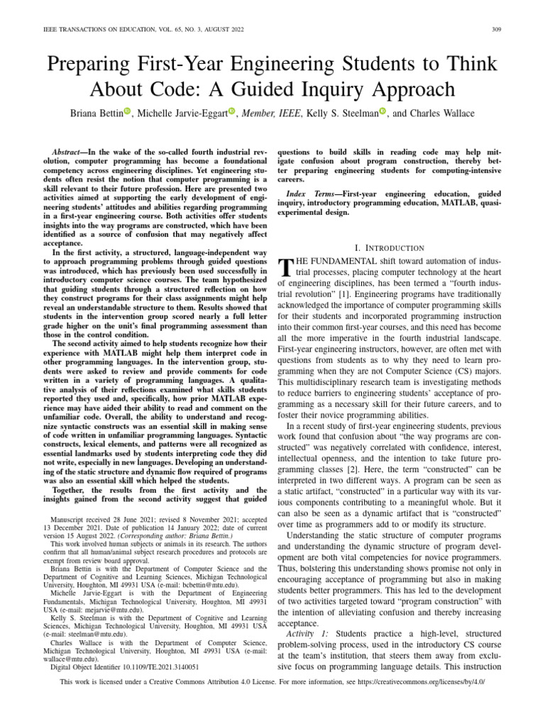 Preparing First-Year Engineering Students To Think About Code A Guided Inquiry Approach | PDF ...