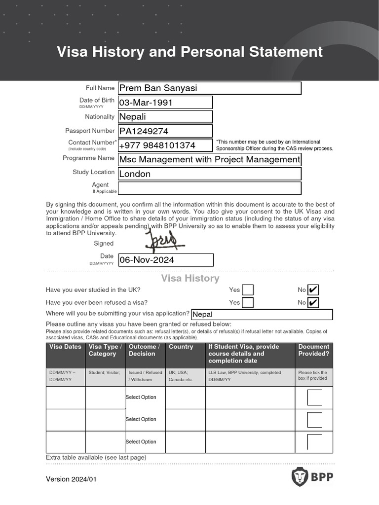 Visa History and Personal Statement Form - Prem | PDF | Cost Of Living | University