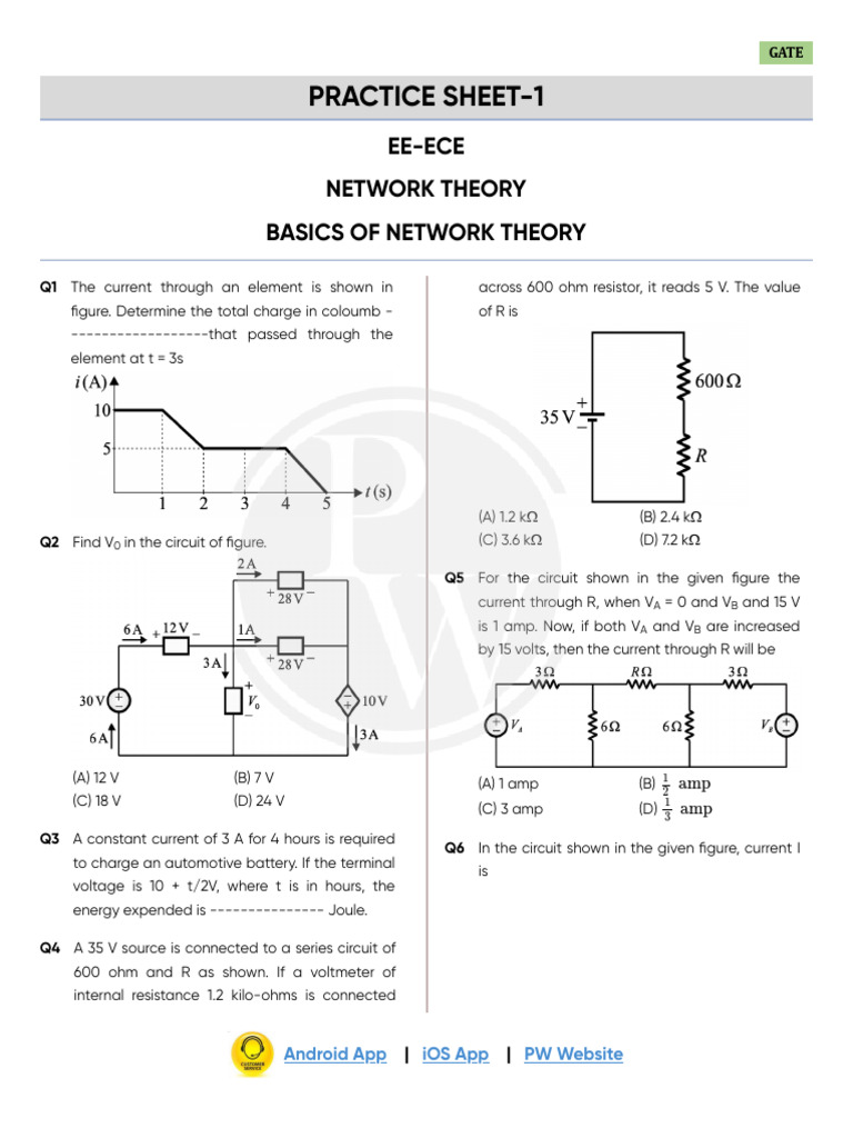 Basics of Network Theory _ Practice Sheet 01 | PDF | Electrical Network ...