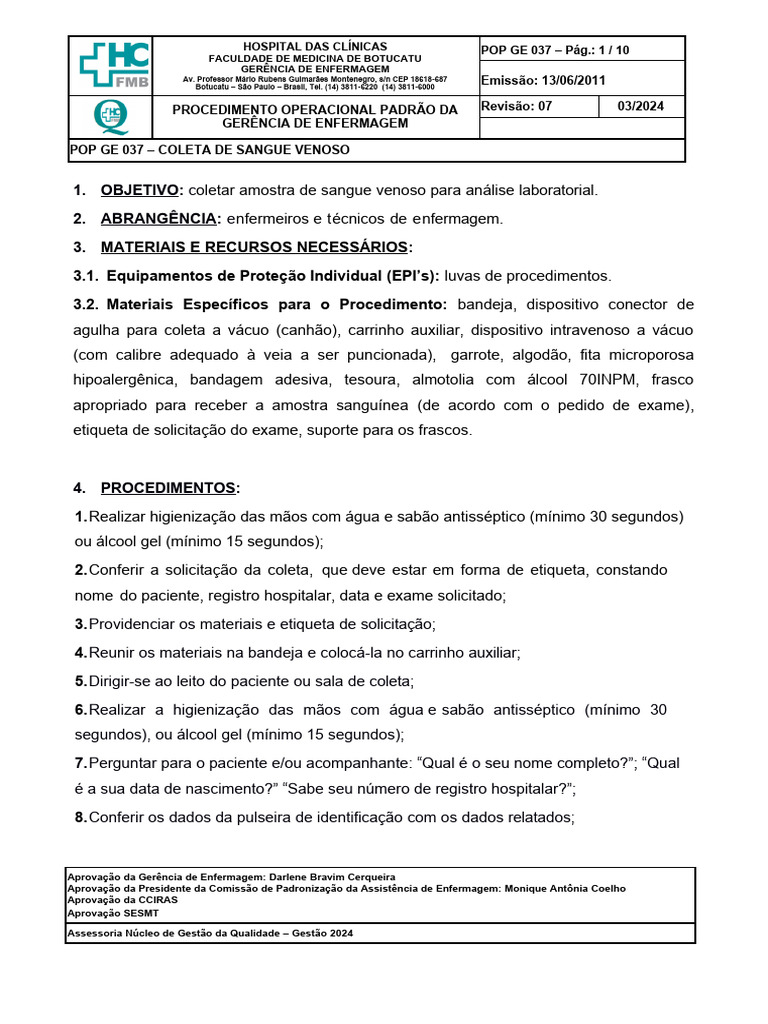 POP GE 037 Coleta de Sangue Venoso 1 | Download grátis PDF | Enfermagem ...
