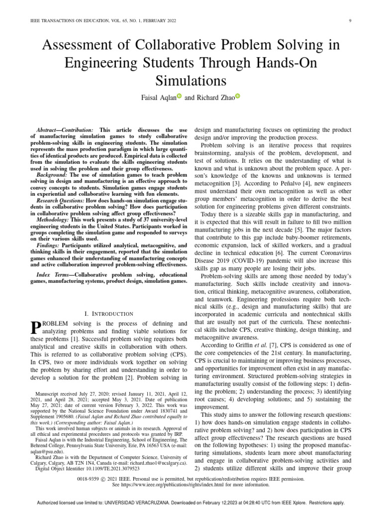 Assessment of Collaborative Problem Solving in Engineering Students Through Hands-On Simulations ...