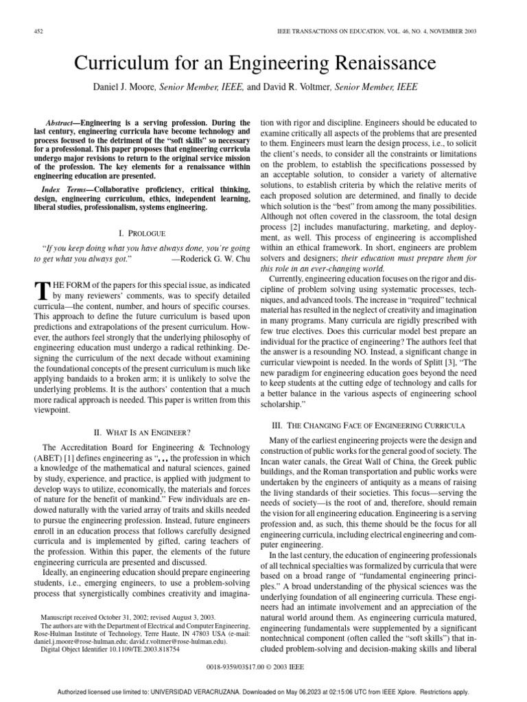Curriculum For An Engineering Renaissance | PDF | Curriculum | Engineering