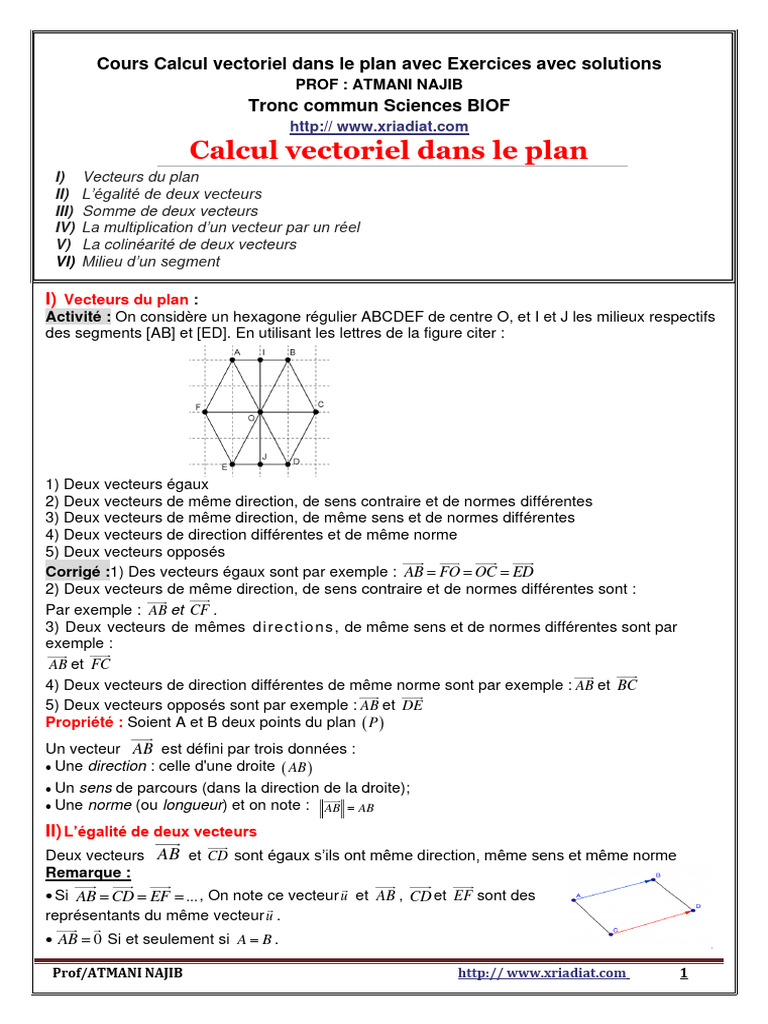 Cours et exercices sur le calcul vectoriel | PDF | Norme (Mathématiques ...