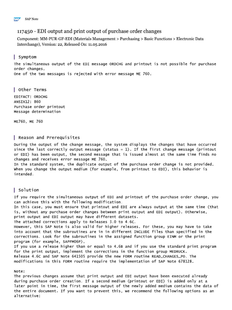 EDI Output and Print Output of Purchase Order Changes | PDF