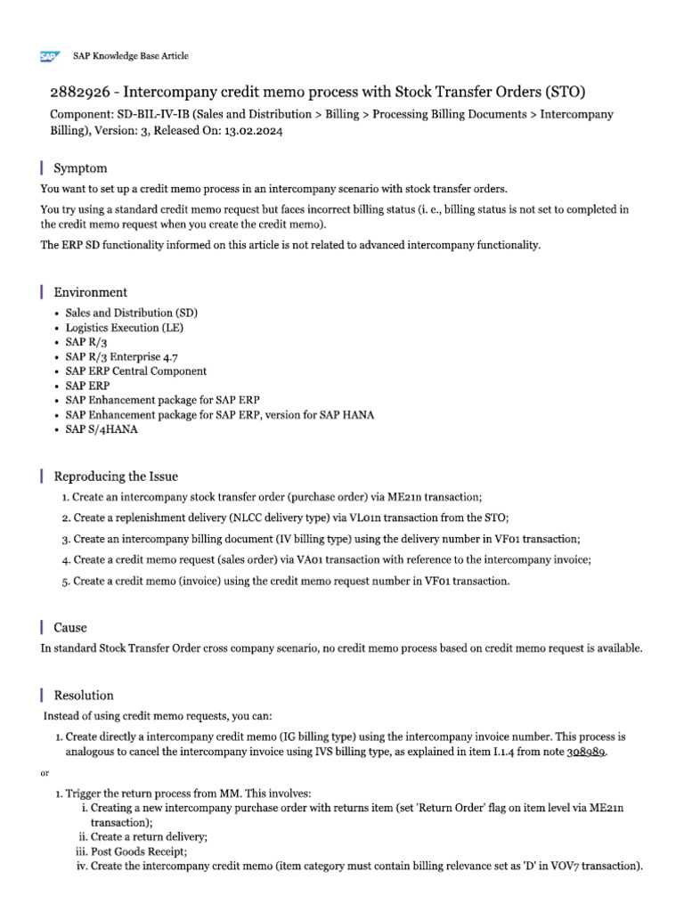 2882926 - Intercompany credit memo process with Stock Transfer Orders (STO) | PDF