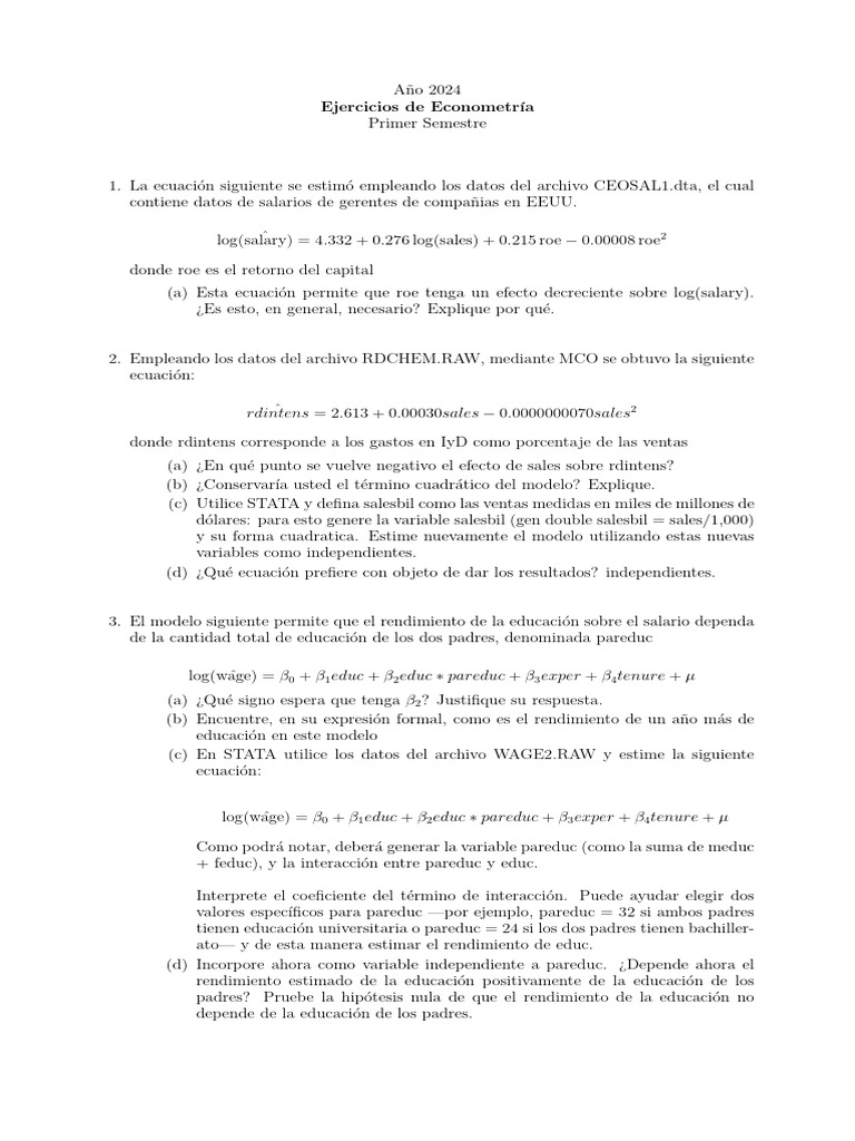 Ejercicios Econometría IV | Descargar gratis PDF | Regresión lineal | Análisis de regresión
